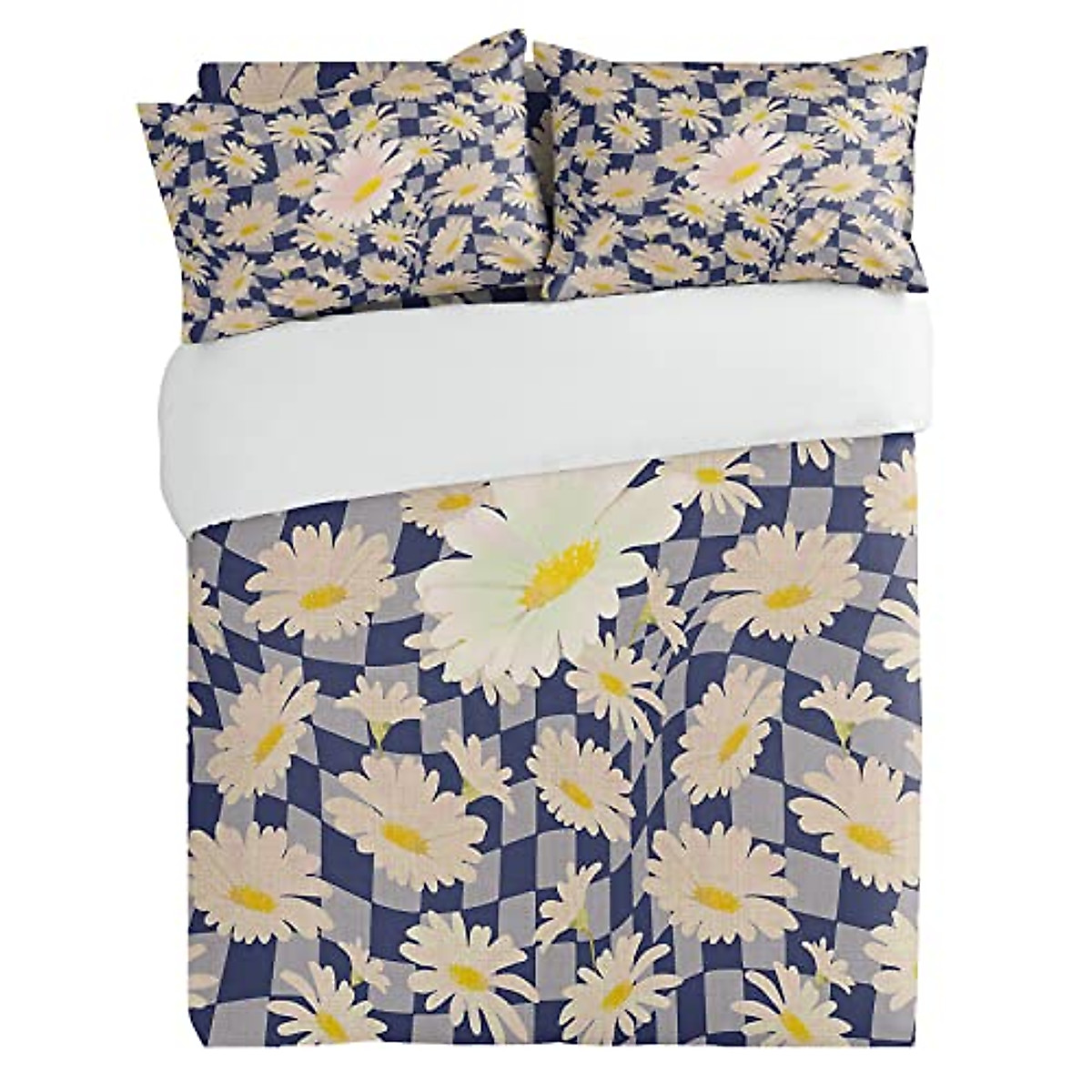 3 Pieces Duvet Cover California King Bedding Sets Blossoming Daisy Flower on Grid Luxury Soft Comforter Cover with Pillowcases Purple Lattice and Farm Burlap Microfiber Quilt Covers Set for Bedroom