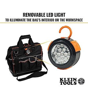 Klein Tools 55431 Tool Bag with Molded Bottom, Padded Shoulder Strap and Lighted Tool Storage with 31 Pockets