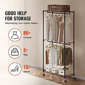 VEVOR Heavy Duty Clothes Rack, Double Hanging Rods Clothing Garment Rack with Bottom and Top Storage Tier, Rolling Clothing Rack for Hanging Clothes, 1'' Diameter Thicken Steel Tube Hold Up to 300Lbs