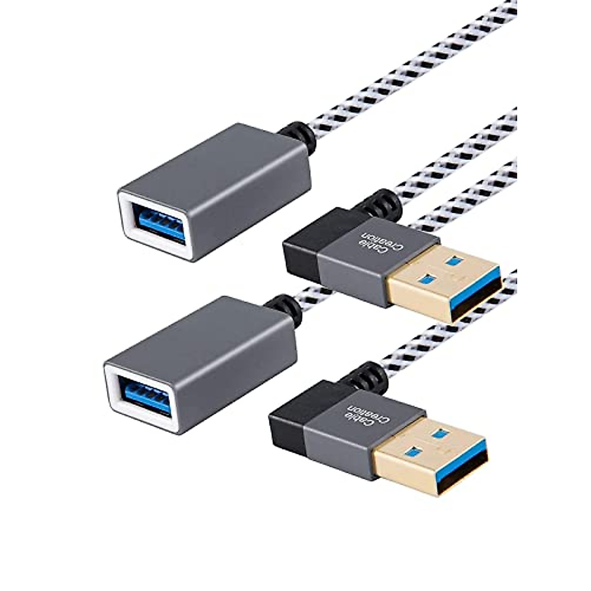 CableCreation 2 Pack Short USB 3.0 Extension Cable, Right Angle USB 3.0 Male to Female Extender Cord, Compatible Flash Drives, Keyboard, Scanners, 1 FT Space Grey Aluminum