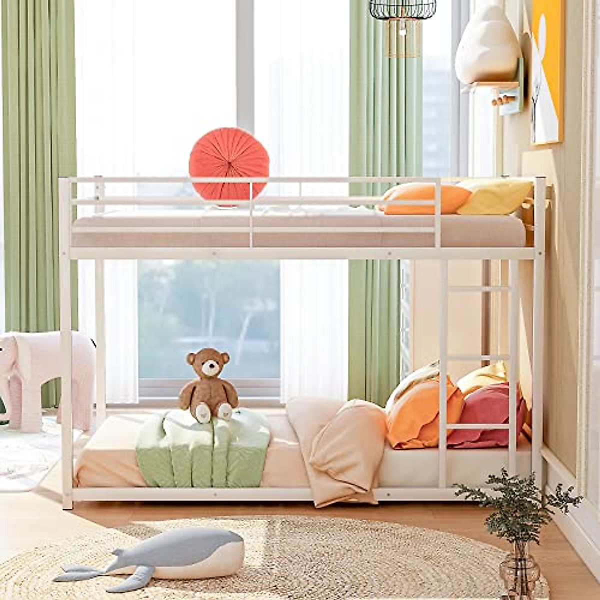 ZJIAH Metal Bunk Bed Twin Over Twin, Low Bunk Bed Frame with Ladder & Guardrail for Teens Adults Dormitory Bedroom, Heavy Duty Metal Bed Frame, Easy Assembly, No Box Spring Required, White
