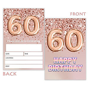 SHLINCO 60th Birthday Invitations Rose Gold Glitter Birthday Party, 60 Birthday Invitations for Girls, Party Celebration, Birthday Party Supplies (20 Invitations + Envelopes)
