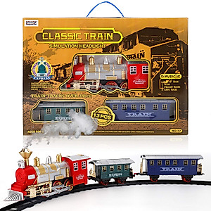Classic Train Set with Smoke - Train Toys for Kids with Lights & Sounds, Locomotive Engine, Railway Kit Cargo Cars & 11 Feet of Tracks