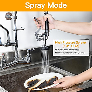 FAUAID Commercial Sink Faucet with Sprayer 25" Height 8" Adjustable Center 10" Swing Spout,Brass Constructed Wall Mount Commercial Faucet with Pull Down Pre-Rinse Sprayer for 1/2 Compartment Sink（25"）