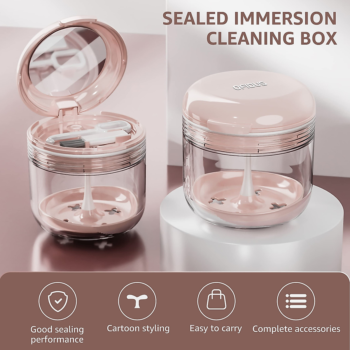 OFIDUS Denture Bath Case - No-Leak Double Layer Dry & Wet Separation Denture Bath Box, Portable Denture Case with Mirror, Removal Tool, Brush for Dentures, Clear Braces, Mouth Guard, Retainers (Pink)