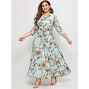 WDIRARA Women's Plus Size Floral Print Round Neck Belted A Line Flared Dress Mint Green 1XL