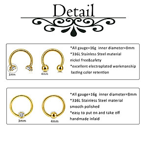 Jovivi 16G Gold Lip Rings Stainless Steel Hoop Labret Studs Monroe Piercing Jewelry Cartilage Helix Tragus Earrings Nose Ring Lobe Daith Rook Earrings for Women Men 14 Pcs