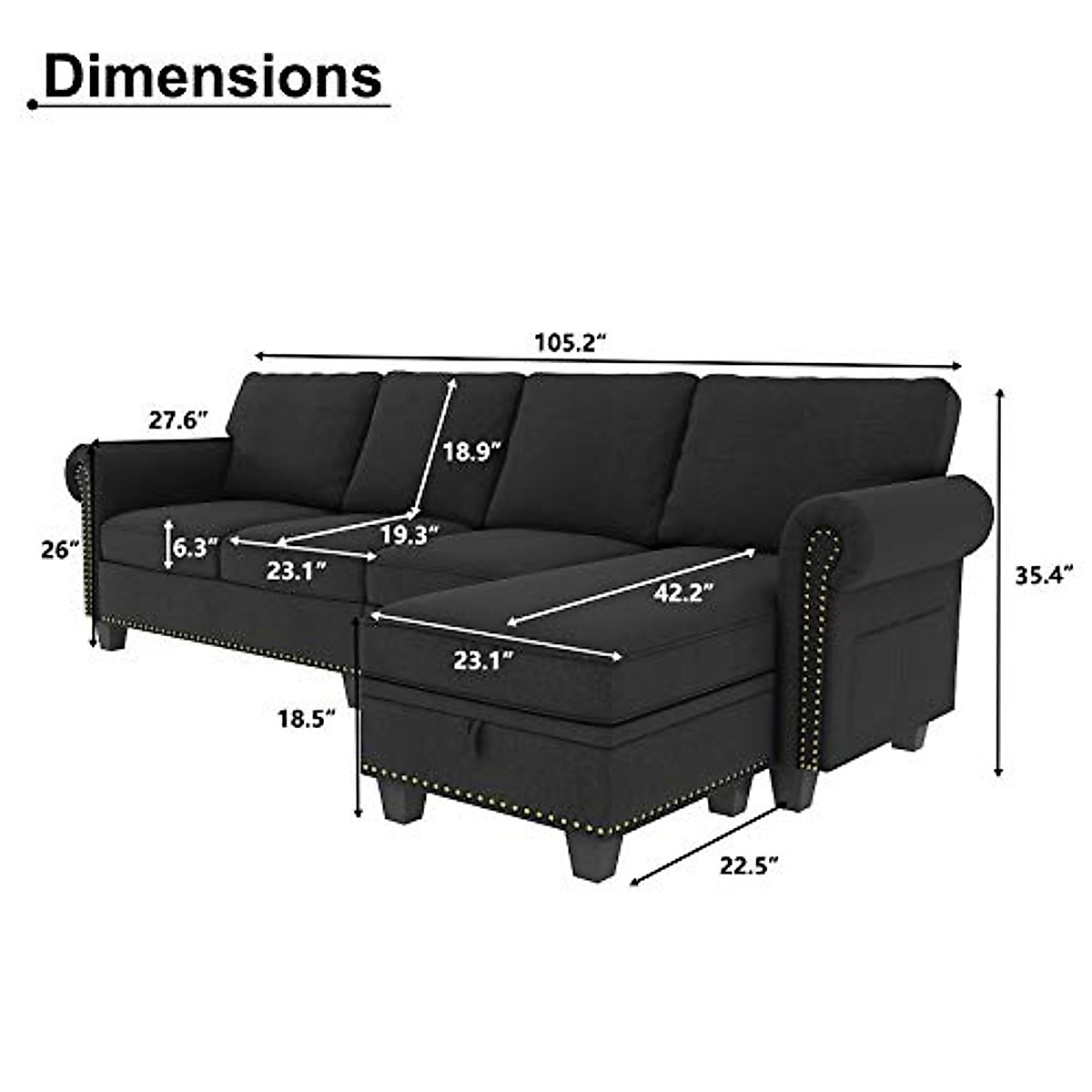 Nolany Convertible Sectional Couch L Shaped Sofa Couch with Storage Reversible Sectional Sofa for Small Space, Dark Grey
