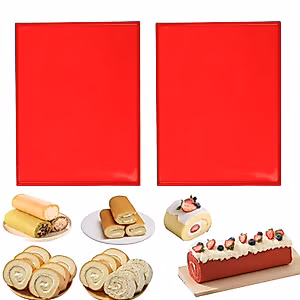 HLCM Silicone Swiss Roll Cake Mat - 2Pcs Silicone Baking Mat, Jelly Roll Pan, Non-Stick Silicone Mat with Lip, Easy to Clean Silicone Pastry Mat, Great for Swiss Roll, Pastry, Jelly, Cookies (Red)