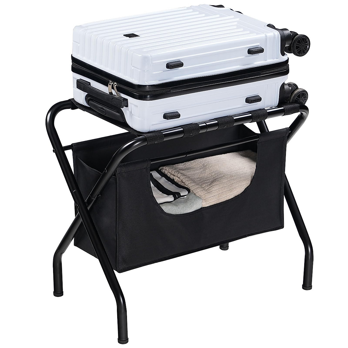HOOBRO Luggage Rack with Laundry Bag, Pack of 2, Folding Suitcase Stand for Guest Room, 26.8" L x 15" W x 22" H, Suitcase Holder with Oxford Bag, Cloakroom, Bedroom, Hotel, Black BK06XLP201G1