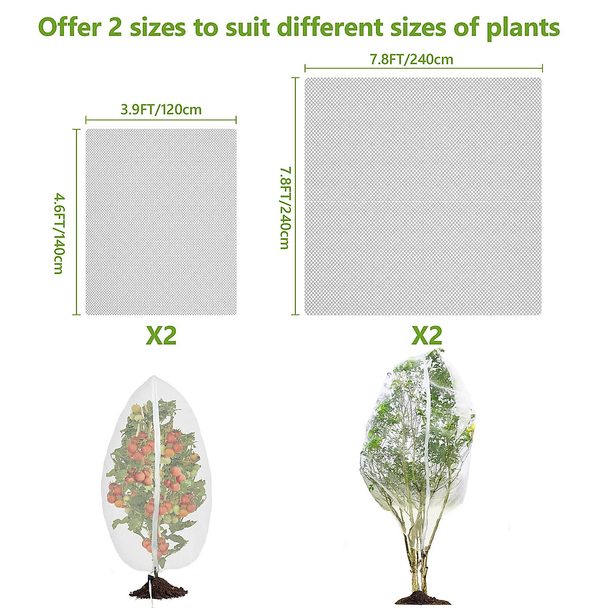 2 Pack Fruit Tree Netting Garden Plants Fruits Blueberry Protection Netting Cover Bags with Drawstring and Zipper 4x4.6Ft Bird Barrier Netting Mesh Plant Protection Netting for Vegetables Fruits