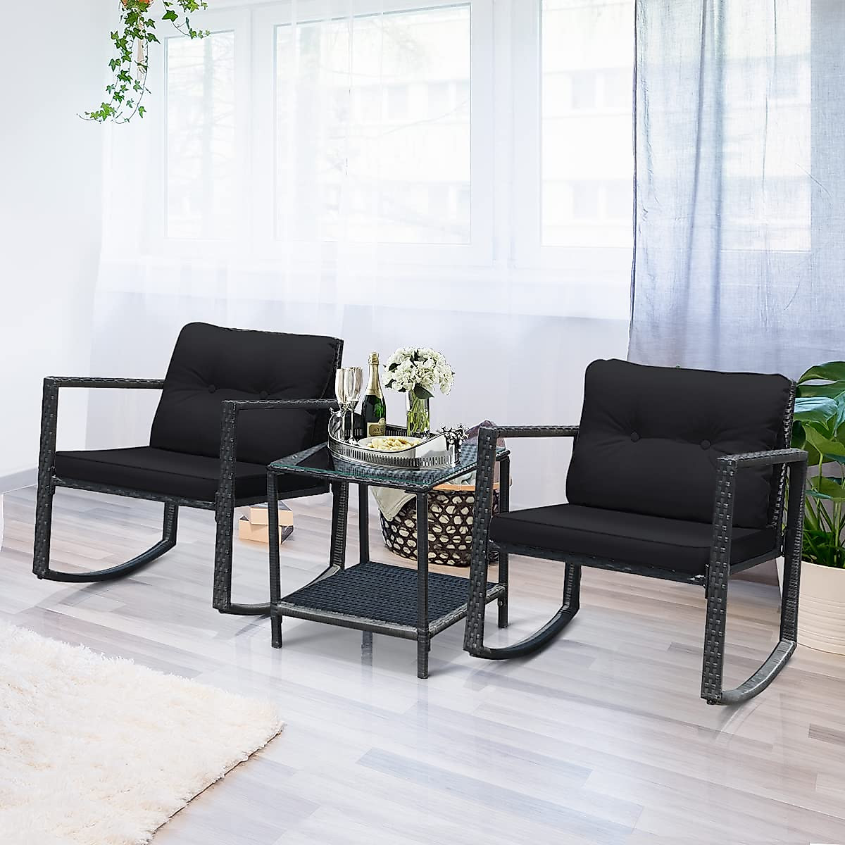 COSTWAY 3PCS Patio Rattan Furniture Set Rocking Chairs Cushioned Sofa Black