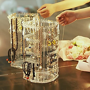 Cq acrylic 360 Rotating Earring Holder Organizer Clear Jewelry Displays Dangle Earinging Rack Necklace Bracelet Carousel Tree Towers,4 Tier Hanging Earring Display Stands For Selling,Pack of 1