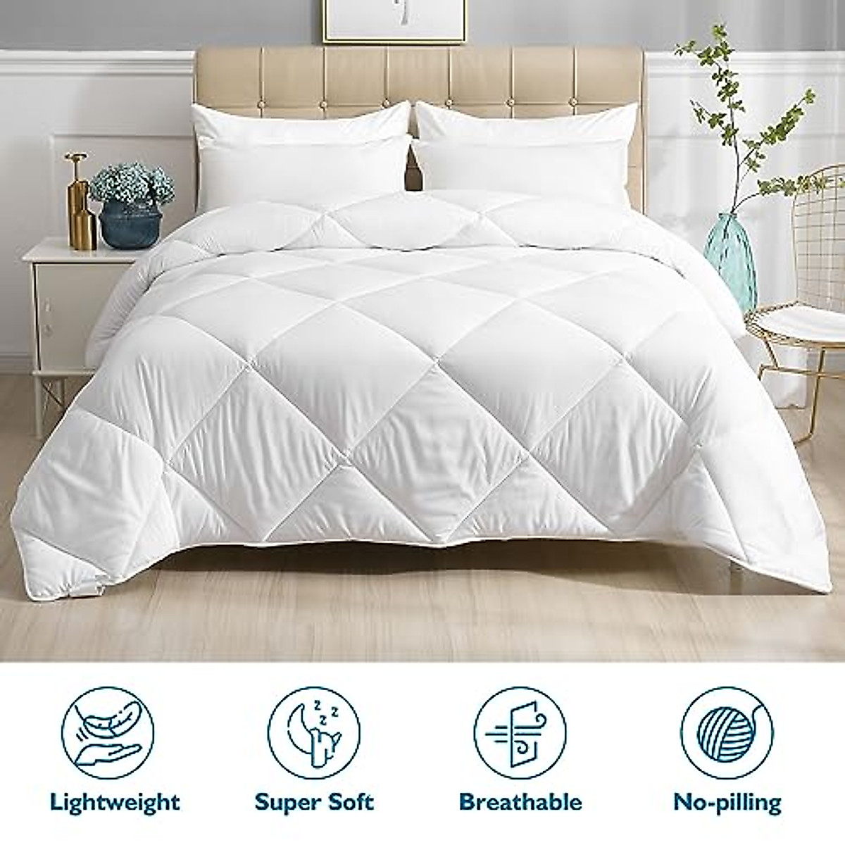 Dafinner Lightweight Full Queen Bed Comforter, Cooling All-Season Duvet Insert, White Plush Bio-Base Down Alternative Quilt Bed Blanket for Summer Warm Weathers/Hot Sleepers