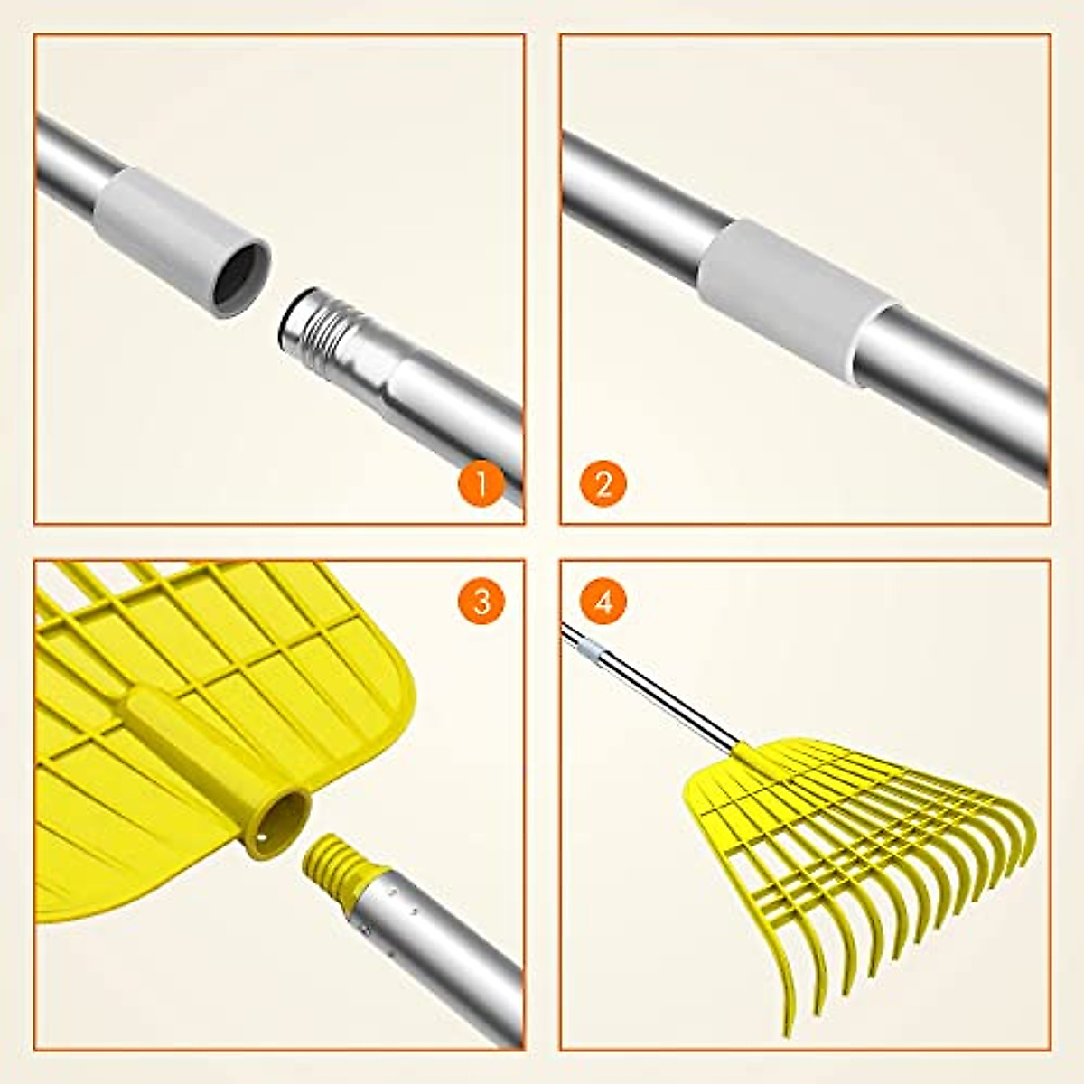 Gardzen 12 Tines Gardening Leaf Rake, Lightweight Steel Handle, Detachable, Ideal Camp Rake, Comes with Dustpan-Type Garden Bag - Yellow