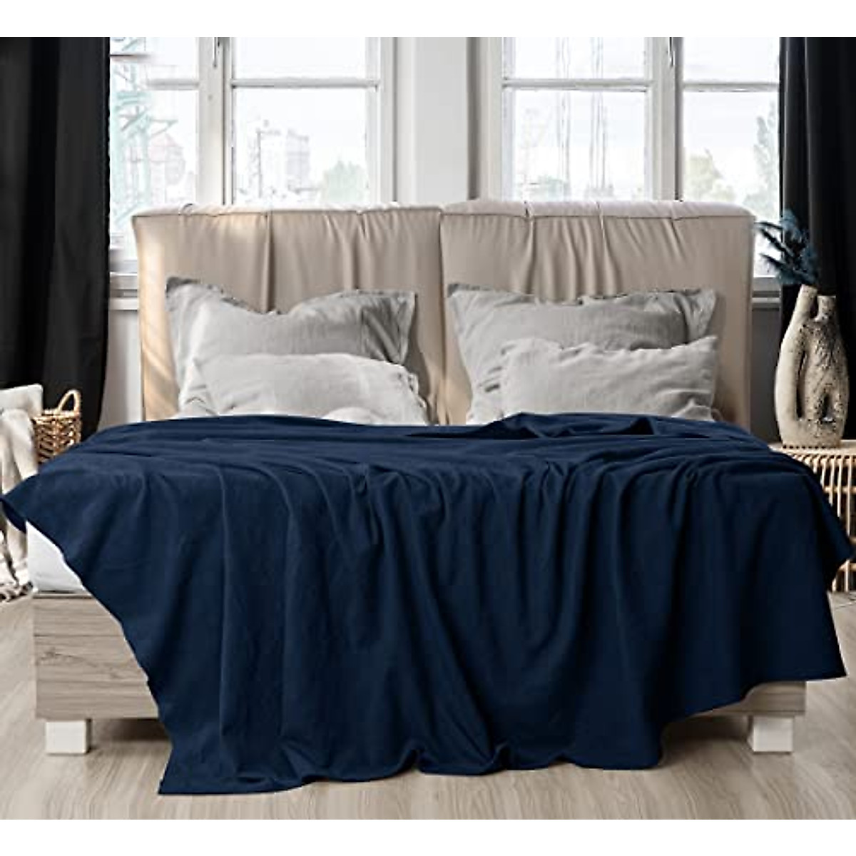 Utopia Bedding 100% Cotton Blanket (Queen Size - 90x90 Inches) 350GSM Lightweight Thermal Blanket, Soft Breathable Blanket for All Seasons (Navy)