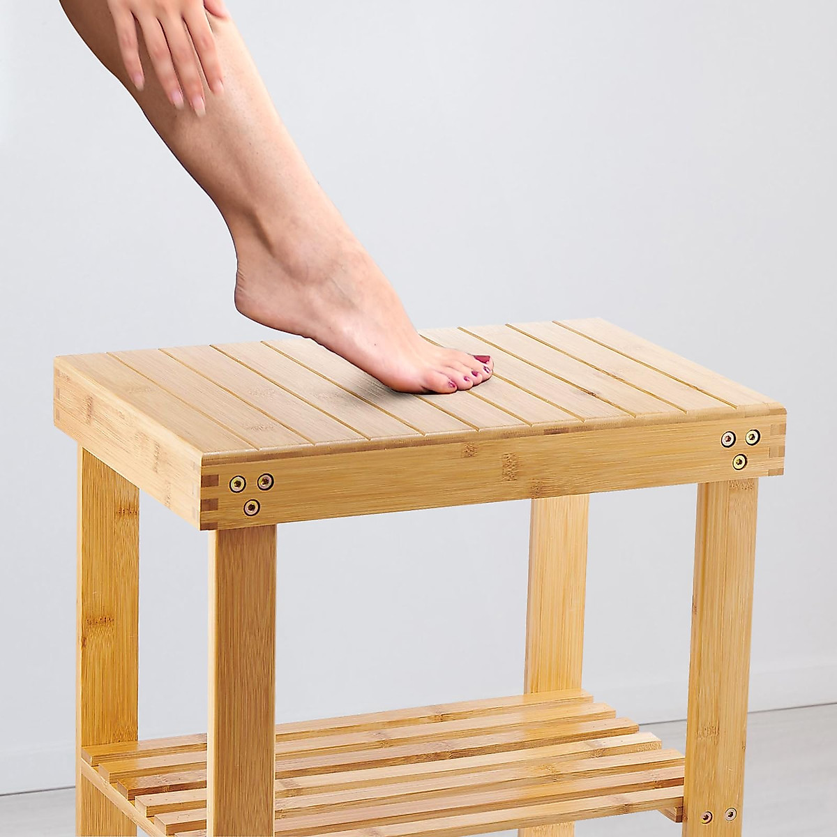 VaeFae Bamboo Spa Bench Wood Seat Stool Foot Rest Shaving Stool with Non-Slip Feets Storage Shelf for Shampoo Towel,Works in Bathroom/ Living Room/ Bedroom/Garden Leisure