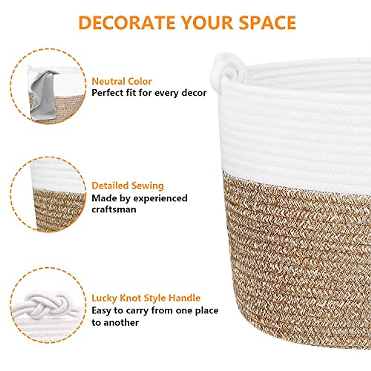 Polarduck Woven Cotton Rope Basket: 12"x 12"x 12" Baby Laundry Basket with Lucky Knots Handle for Blanket, Toy, Nursery Hamper Bin Organizer | Natural White & Jute - Medium