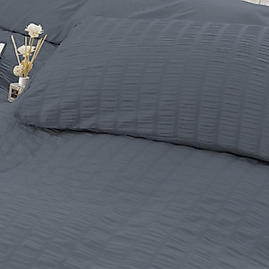 Bowavat Seersucker Duvet Cover Full/Queen Size,100% Washed Microfiber 3 Pieces Dark Grey Duvet Cover Set, Soft Textured Bedding Set with Zipper Closure and Corner Ties (Dark Grey, Full/Queen)