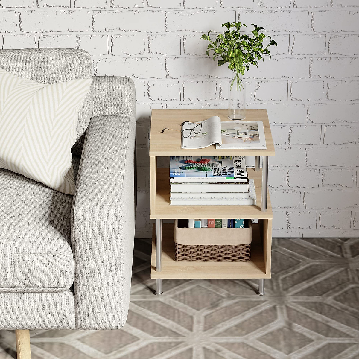 Bestier Night Stand, End Table S-Shaped Side Table with Storage Shelf, 3 Tier Sofa Table for Living Room, Bedside Tables for Bedroom, Small Tables for Small Spaces (Light Oak, 15.8 Inch)