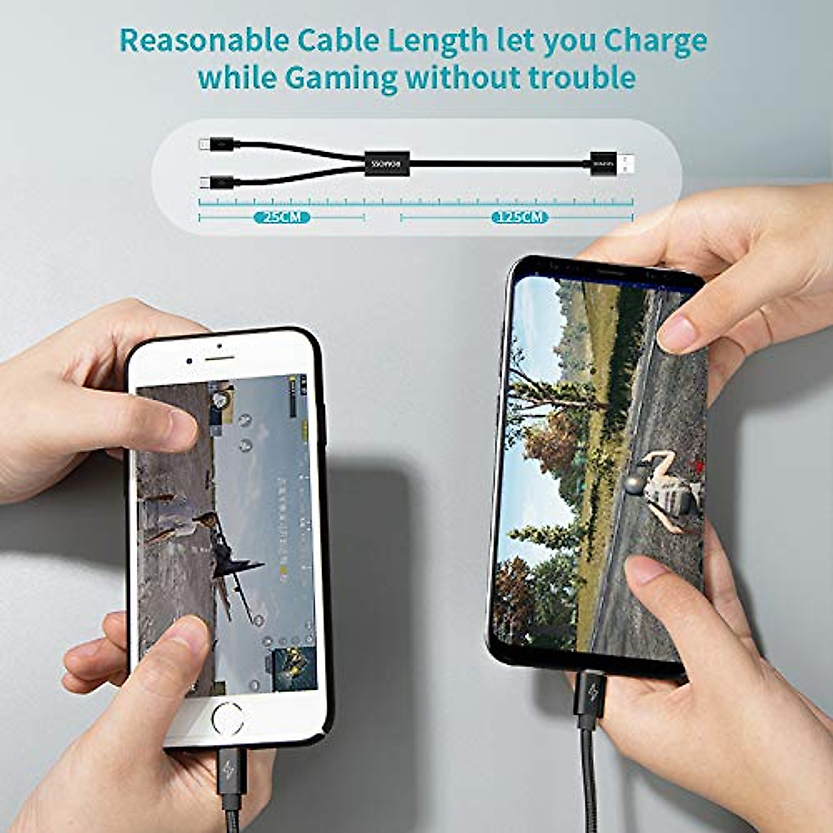 ROMOSS Multi USB Charging Cable - 5FT Nylon Braided 2 in 1 Fast Charger Micro USB Cable Compatible for iPhone, iPad, Airpods Earphone, Galaxy S7 J7 Note 5, Fire Tablets and PS4