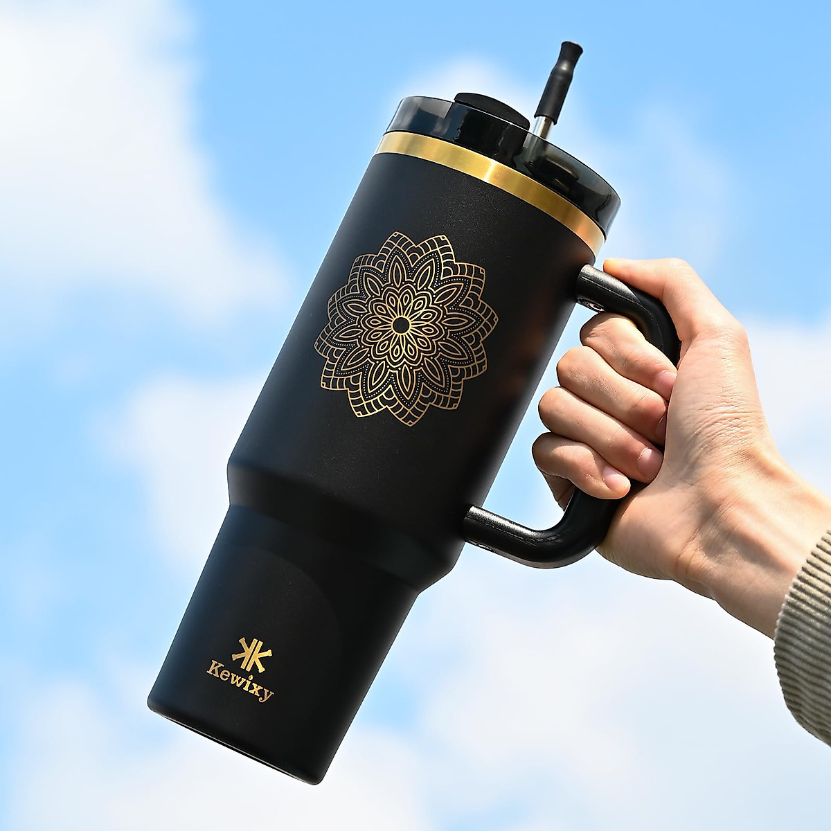 KEWIXY 40 oz Tumbler With Handle and Straw, Gloss Insulated Travel Tumbler, Fits in Cup Holder, Travel Coffee Mug with Lid, Included Leak Proof Straw Cover -Petal Focus