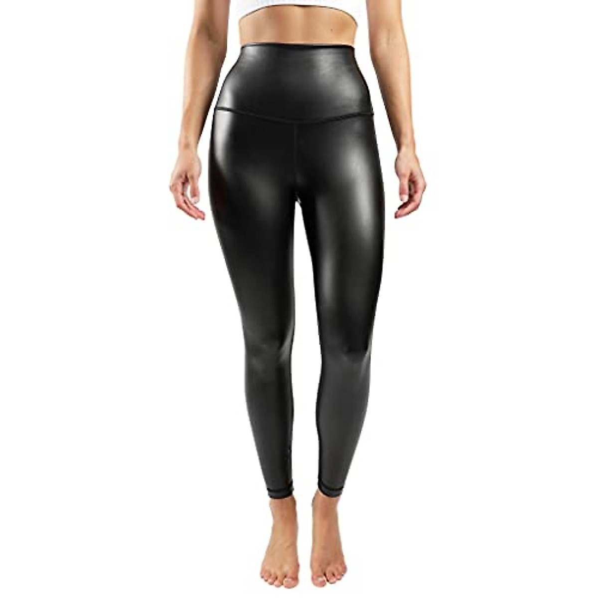 90 Degree By Reflex High Waist High Shine Faux Leather Fleece Lined Super High Waist Elastic Free Ankle Leggings - Black - Small