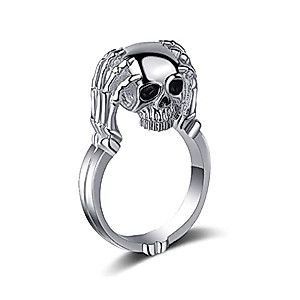 THJEW Cool Skull Head Ring for Women,S925 Sterling Silver Punk Biker Gothic Cocktail Party Halloween Headache Death Head Skeleton Skull Ring Jewelry (Ring_A, 10)