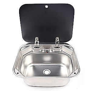 Outdoor RV Caravan Basin Sink,Stainless Steel Boat RV Caravan Camper Kitchen Basin Single Bowl Sink Hand Wash Cold and Hot Faucet Glass Lid for Camper Boating 16.53 x 14.56x 6.3inch (Rectangular Sink)