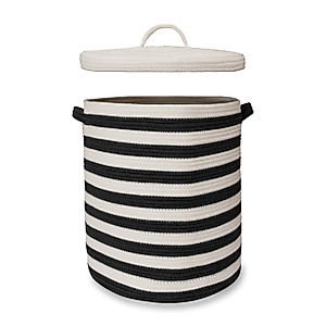 17 x 16in Large Striped Cotton Blanket Basket with Lid - Perfect for Toy Storage, Clothes Hamper, & Laundry Basket, Woven Baskets for Nursery Decor and Baskets for Organizing, Black and White