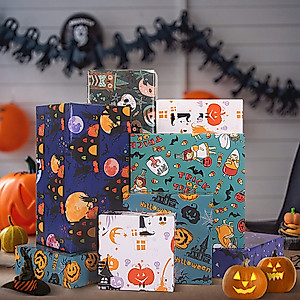 Rancco Halloween Wrapping Paper Set, 6 Sheets Witch Bat Ghost Pumpkin Cat Laser Gift Wrapping Paper w/Stickers and Ribbon for Halloween, Party, Birthday, Holiday,19.6 inch X 27.5 inch Per Sheet