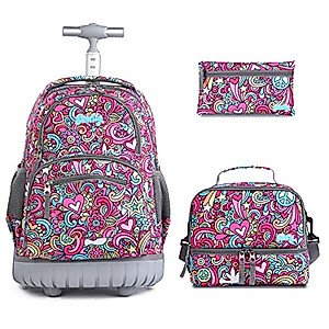 seastig Rolling Backpack 16 inch Wheeled Backpack with Lunch Bag & Pencil Case Roller Backpack Set Carry-on Bag School Travel