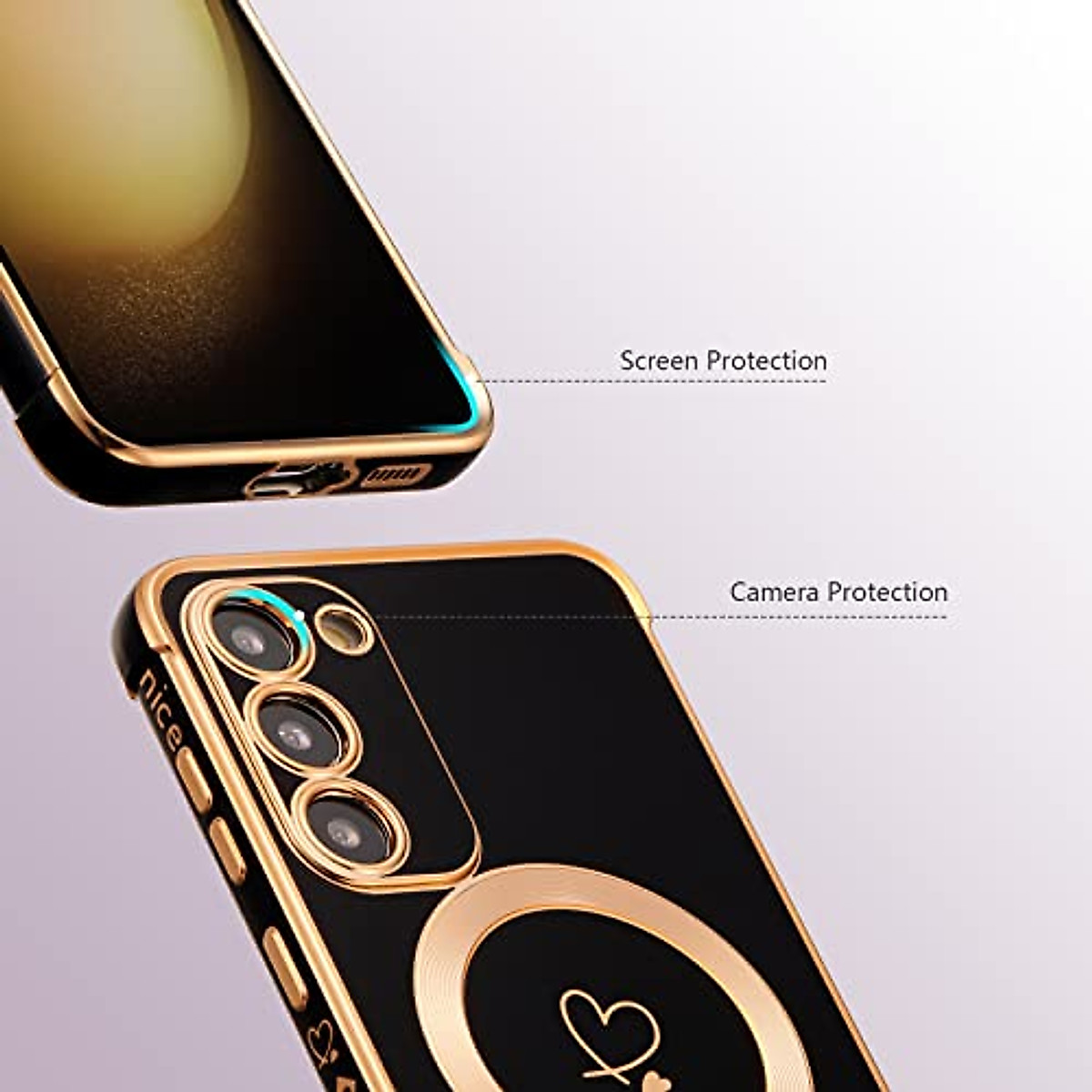 ZTOFERA Magnetic Case for Samsung Galaxy S23 Plus 5G Case[Compatible with MagSafe] Cute Plating Love Hearts Pattern Case with Camera Protection,Soft Shockproof TPU Bumper Cover for Women Girls,Black