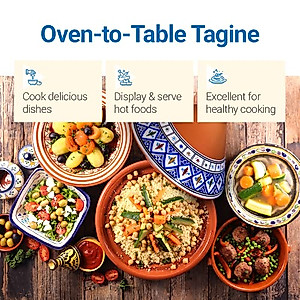 Kamsah Hand Made and Hand Painted Tagine Pot | Moroccan Ceramic Pots For Cooking and Stew Casserole Slow Cooker (Large, Supreme Bohemian Blue)