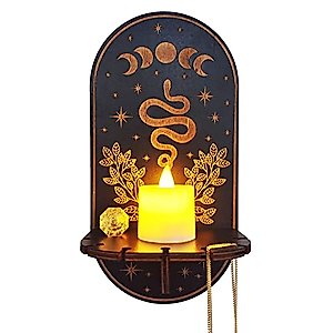 FROATS Wooden Snake Shelf for Crystals - Black Shelfs with LED Candle Rustic Boho Shelfs - Wooden Hanging Floating Shelves for Crystal Holder, Yoga, Collectibles, Spiritual Decor