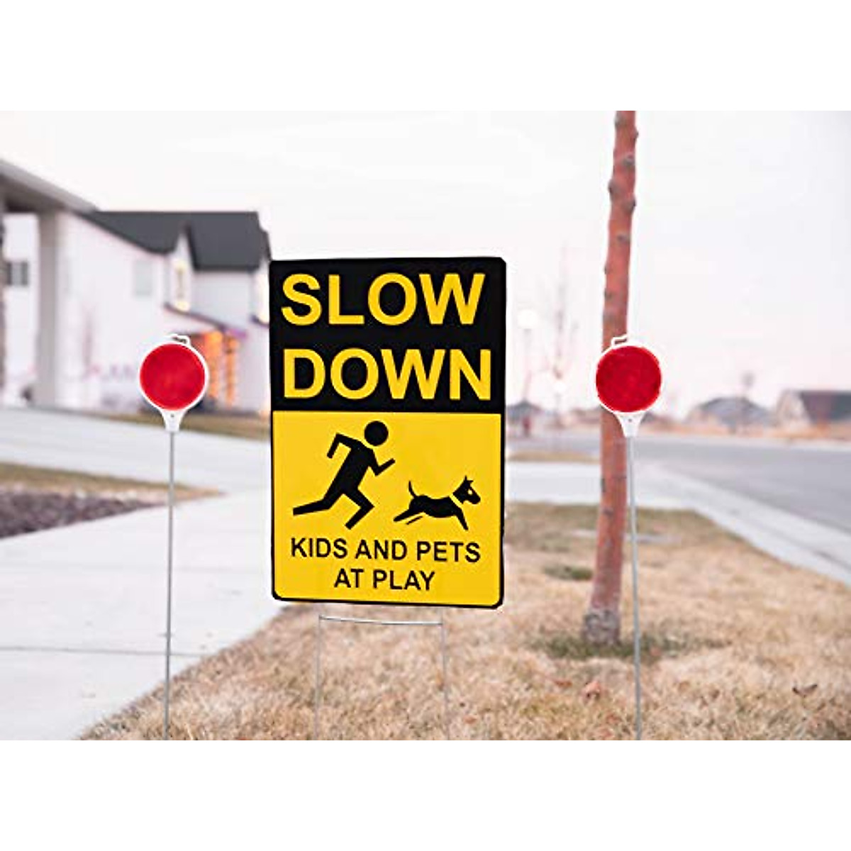 CORQUE Kids at Play Safety Signs for Street, Slow Down & Caution Warning - 2 Pack Double Sided with High Visibility Reflectors & Adjustable Metal Stakes Set - Children Playing Yard Road Visual Signal