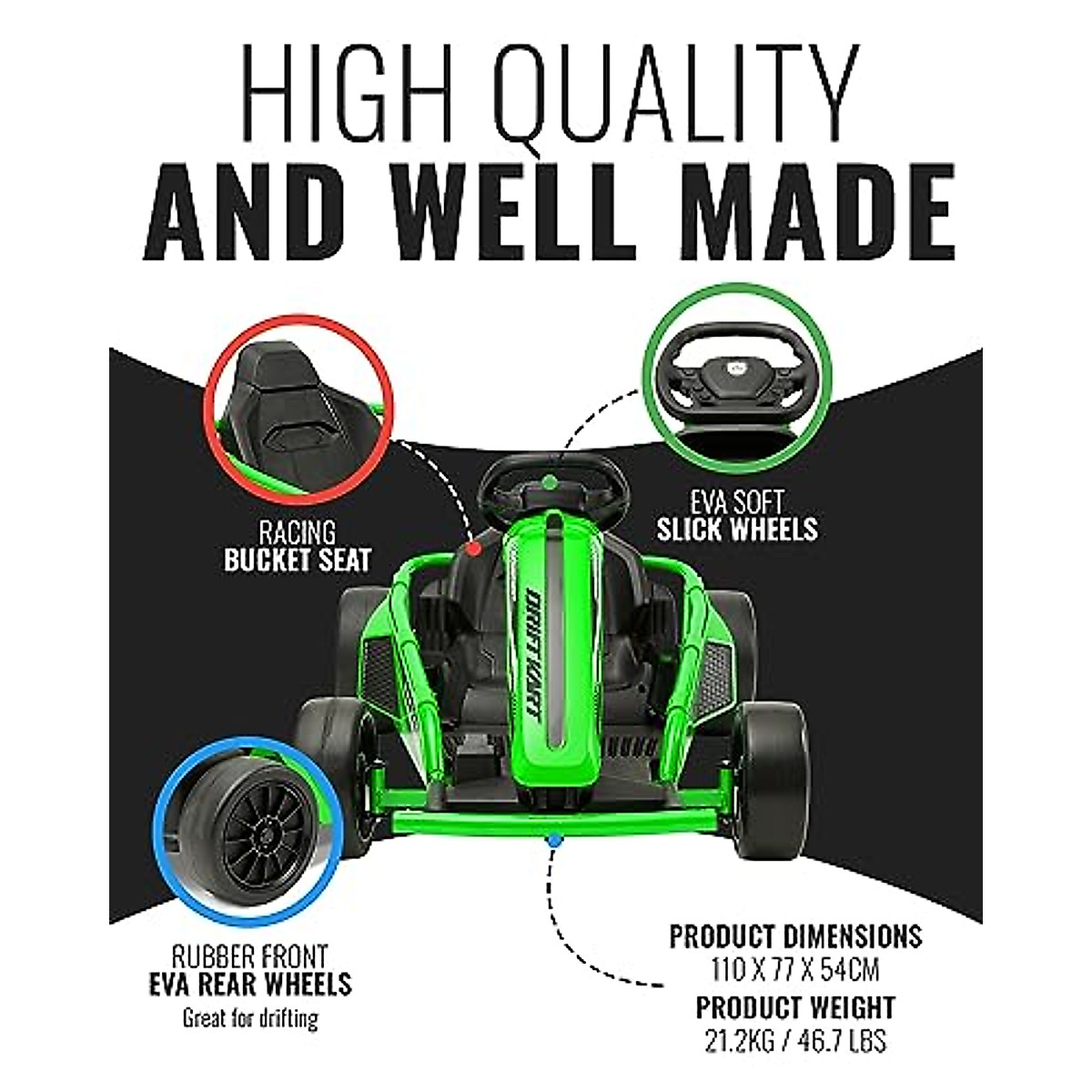 Hyper 24V Ride-On Electric Go Kart for Kids 8-14 Years, 3-Speed Setting with Drift Kart Mode, Foot Accelerated Pedal, Up to 9MPH Speed, 154 Lbs Max Weight, Ergonomic Seat & Sturdy Steel Frame, Green