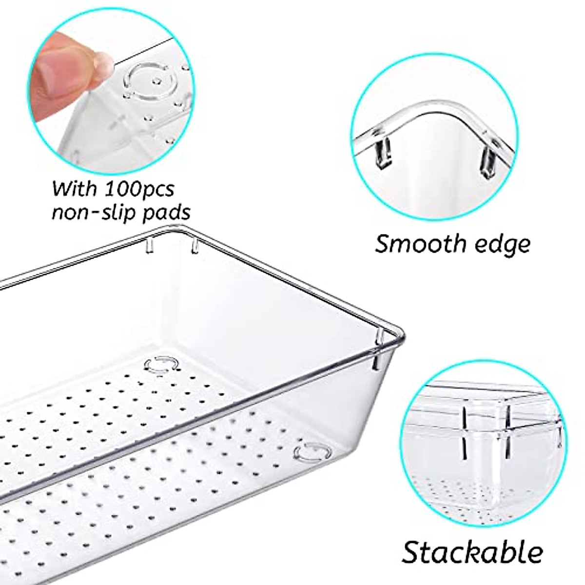 25 PCS Clear Drawer Organizers Set, 4 Sizes Plastic Vanity Drawer Organizers and Storage Bins, Desk Drawer Organizer Trays with Non-slip Silicone Pads for Makeup
