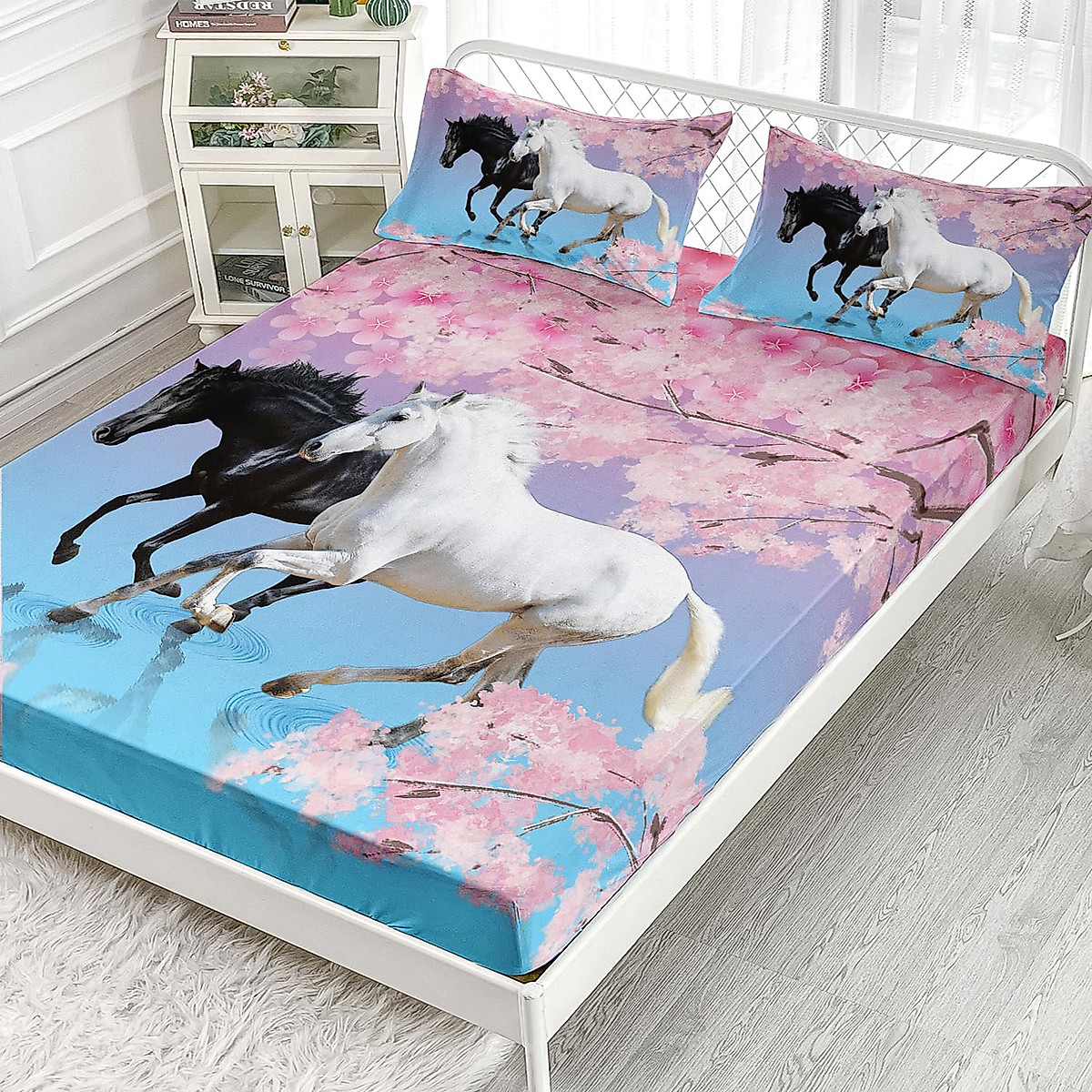 AILONEN Horse Bedding Set Twin XL Size - Galloping Black & White Horses Bed Sheet 3 Pieces Set for Kids Girls - Pink Cherry Sheet Animals Theme Fitted Sheet and 2 Pillowcases