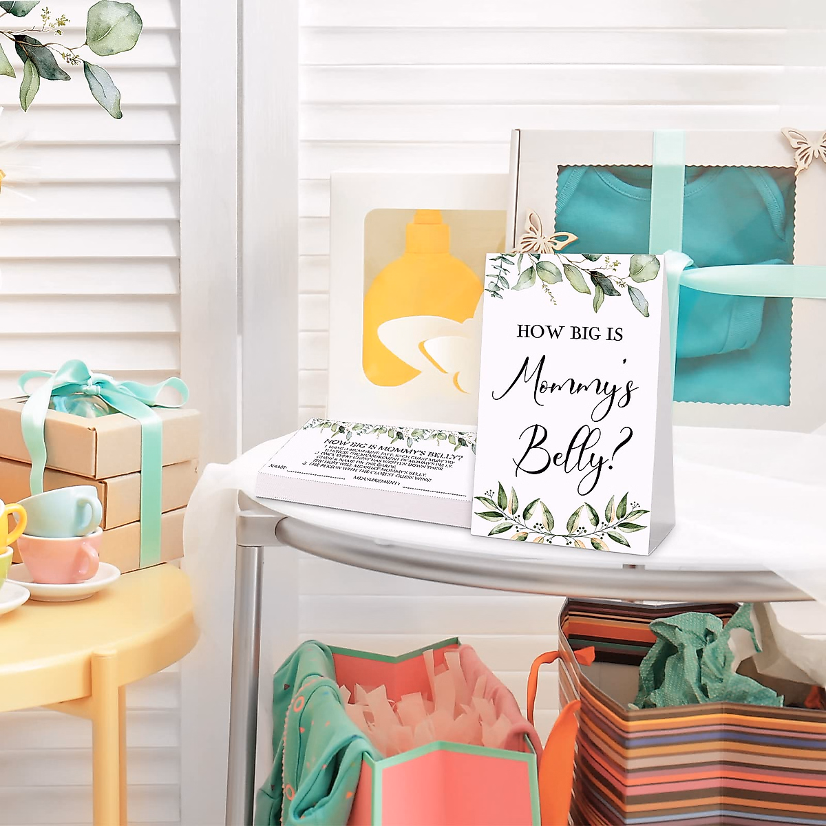 Sabary 64 Pcs Guess Baby Shower Games Include How Big is Mommy's Belly Sign Measure Baby Bump Game 50 Guessing Cards 10 Pencils 3 Measuring Tapes for Baby Shower Party(Greenery)