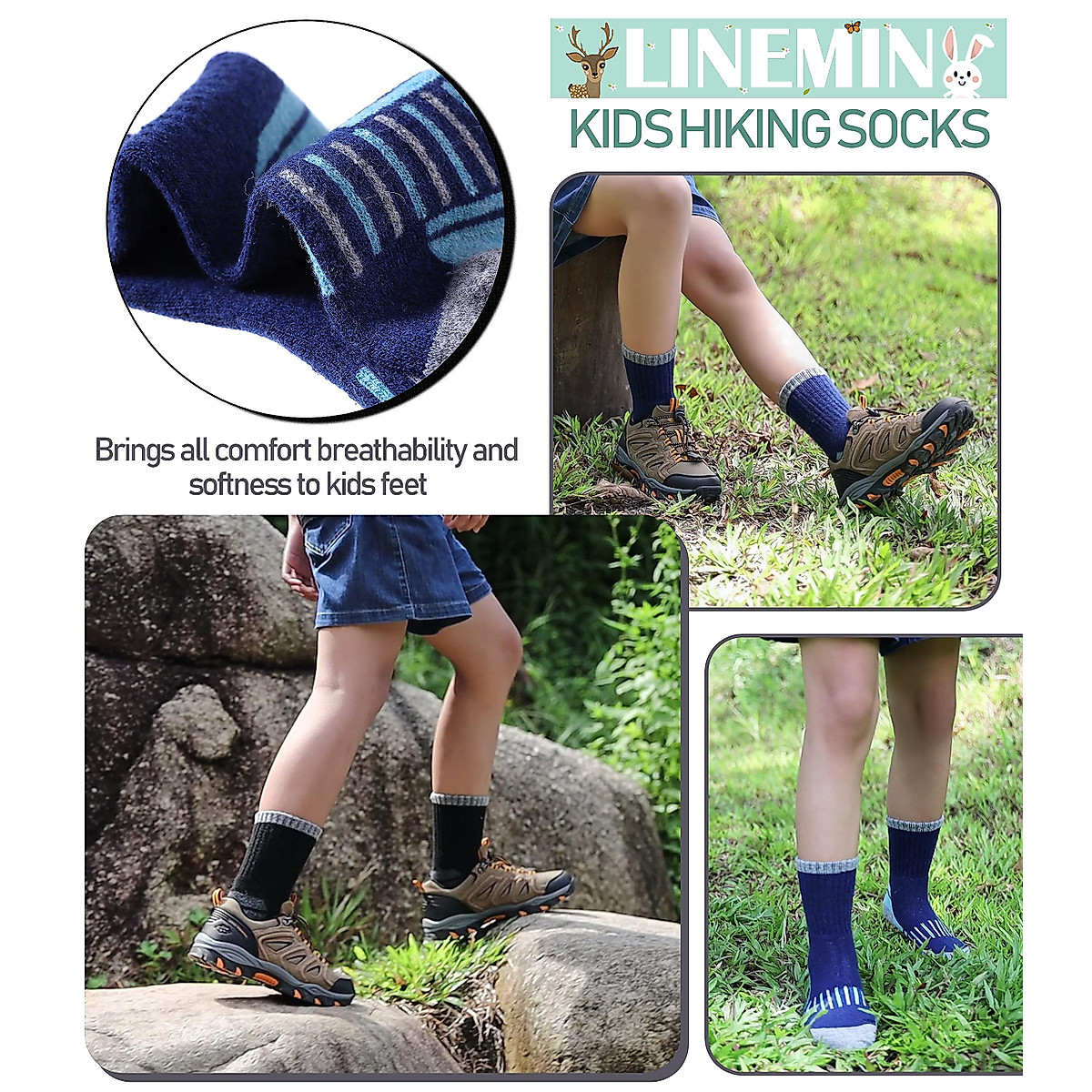 LINEMIN Kids Merino Wool Hiking Socks Toddlers Boys Girls Winter Warm Thick Thermal Boot Cushion Crew Socks 6 Pairs (8-12 Years, Mix Color Hiking Socks)