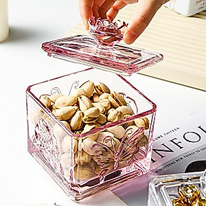 LWXPAIYY Pink Glass Candy Dish with Lid 16oz,Embossed Glass Candy Jar with Lid,Crystal Candy Dishes Bowl with Lids for Office Desk Coffee Table,Food Cookie Buffet Storage Luxury Decorative Jar (Pink)