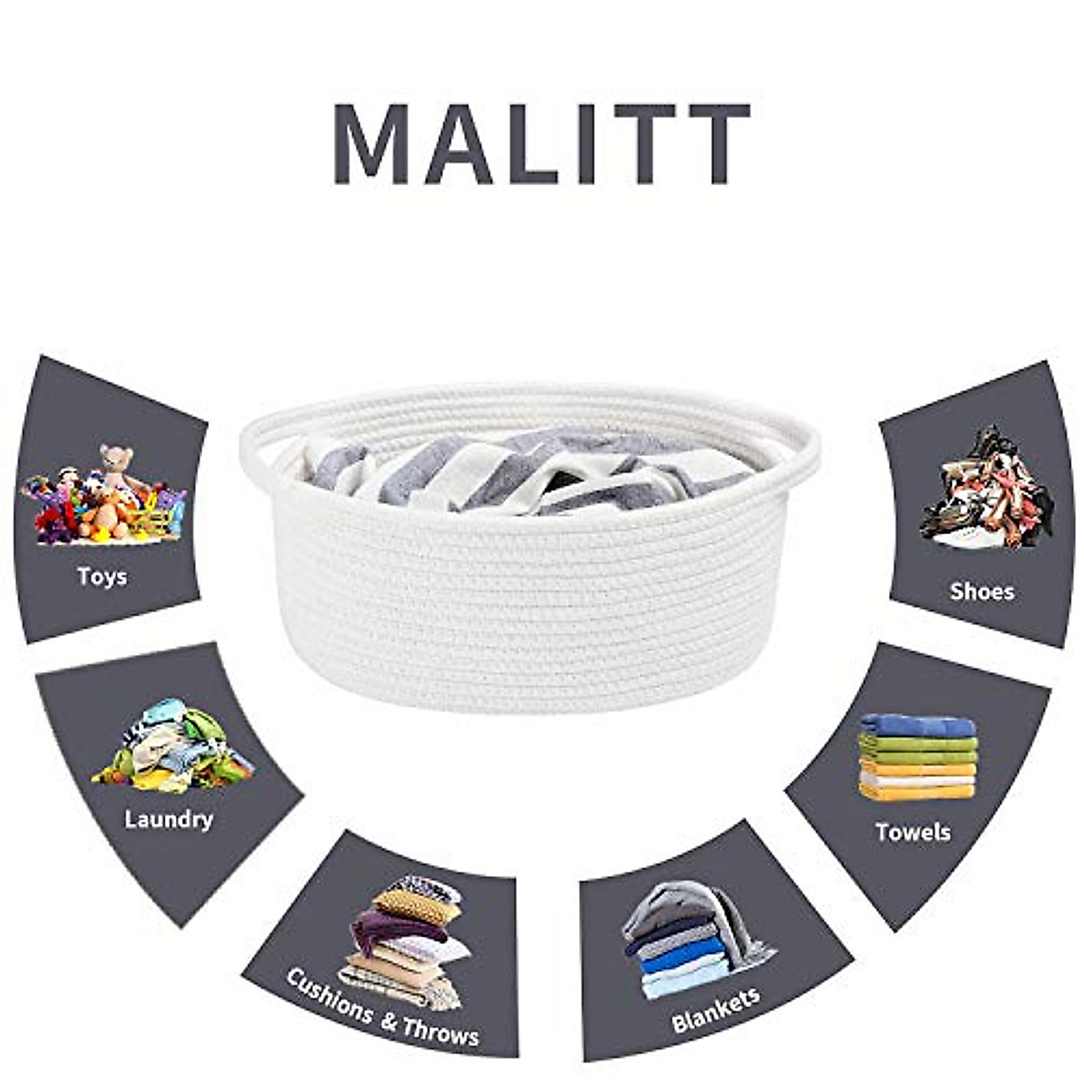 Cotton Rope Basket with Handles 13.4" x 8.7" X 5.9" Woven Cotton Rope Storage Baskets are Ideal for Toy Baskets Laundry Baskets Blanket Baskets and Nursery Baskets（White）