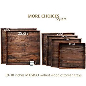 MAGIGO 28 x 28 Inches Extra Large Square Black Walnut Wood Ottoman Tray with Handles, Serve Tea, Coffee Classic Wooden Decorative Serving Tray