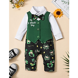 WIQI toddler boy St. Patrick's Day clothes Long Sleeve St. Pat's Day Shirt Romper Jumpsuit+ bow tie baby boy St. Patrick's Day outfit
