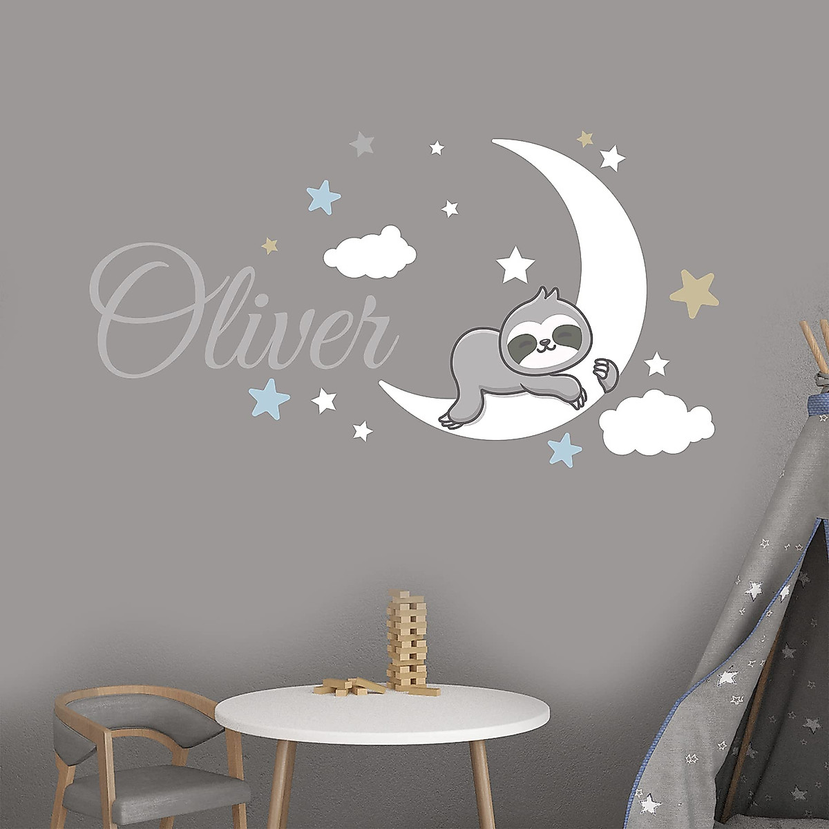 waldo Custom Name Sloth Moon Stars Nursery Wall Decal - WM45. Removable Nursery Wall Decal for Baby Room - Mural Wall Decal for Kids