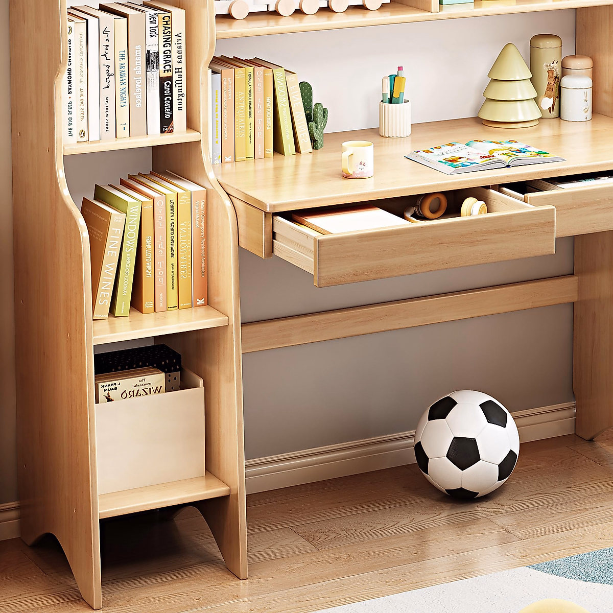 BALANBO Kids Desk Kids Table with Drawers and Bookshelf Rubber Wood Kids Media Desk Student Learning Computer Workstation and Writing Desk (Natural)