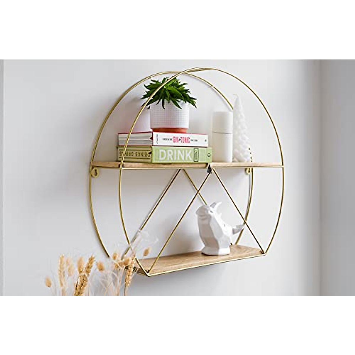 kimisty Gold Round Wall Shelves, Large Circular Floating Shelf for Bathroom, Living Room, Kitchen and Bedroom, Brass Geometric Wall Decor, Metal Sconce Shelf with Mango Wood, Boho Accent Display