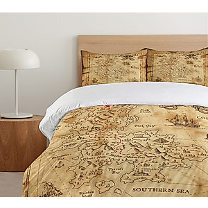 Ambesonne Island Map Duvet Cover Set, Super Detailed Treasure Map Grungy Rustic Pirates Gold Secret Sea History Theme, Decorative 3 Piece Bedding Set with 2 Pillow Shams, Queen Size, Beige Brown