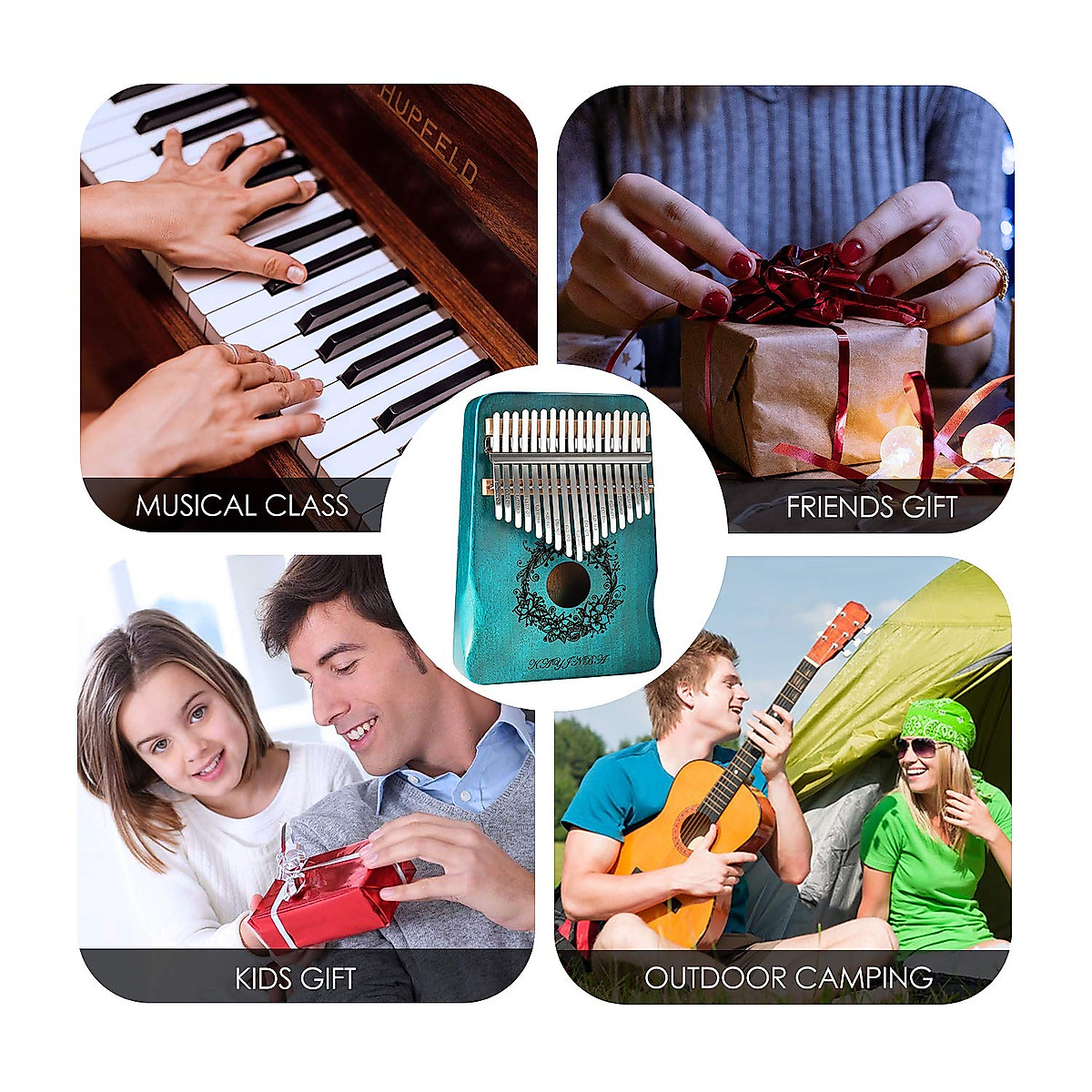 Kalimba-17 Key Thumb Piano,Exquisite Mahogany Wood Portable Kalimba,Tune Hammer and Study Instruction,Musical Gifts for Music lovers Adults Kids(Teal Blue)